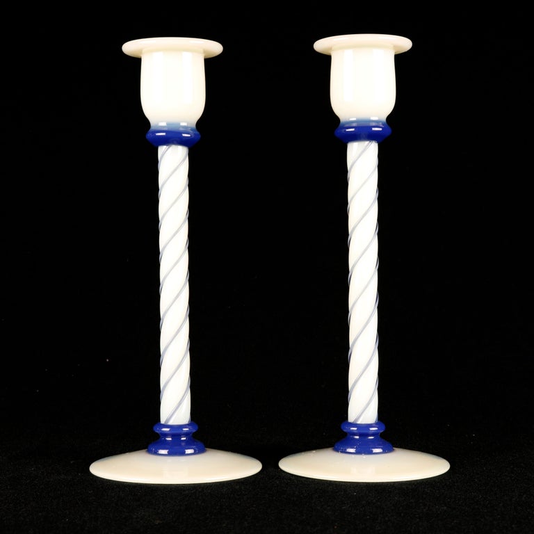 Vintage Pair of H.C. Fry Foval Hand Blown Art Glass Candlesticks, 20th ...