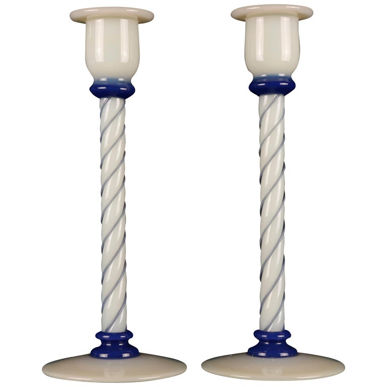 Vintage Pair of H.C. Fry Foval Hand Blown Art Glass Candlesticks, 20th ...