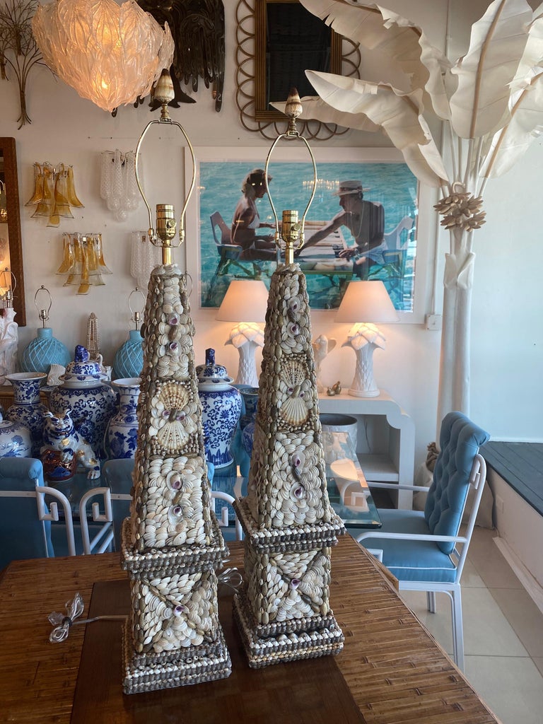 Vintage Pair Large Palm Beach Seashell Shell Obelisk Table Lamps Newly ...