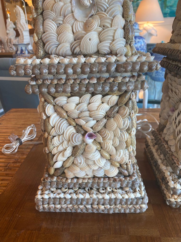 Vintage Pair Large Palm Beach Seashell Shell Obelisk Table Lamps Newly ...