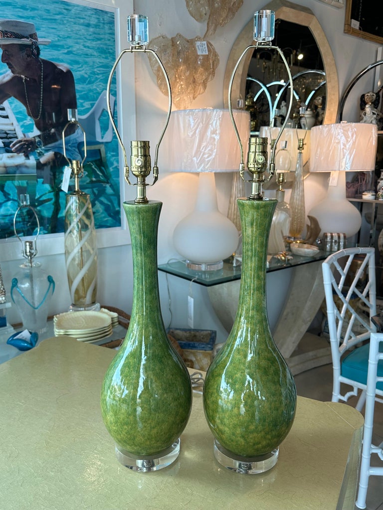 Vintage Pair Mid-Century Modern Ceramic Glazed Green Table Lamps Newly Wired For Sale at 1stDibs