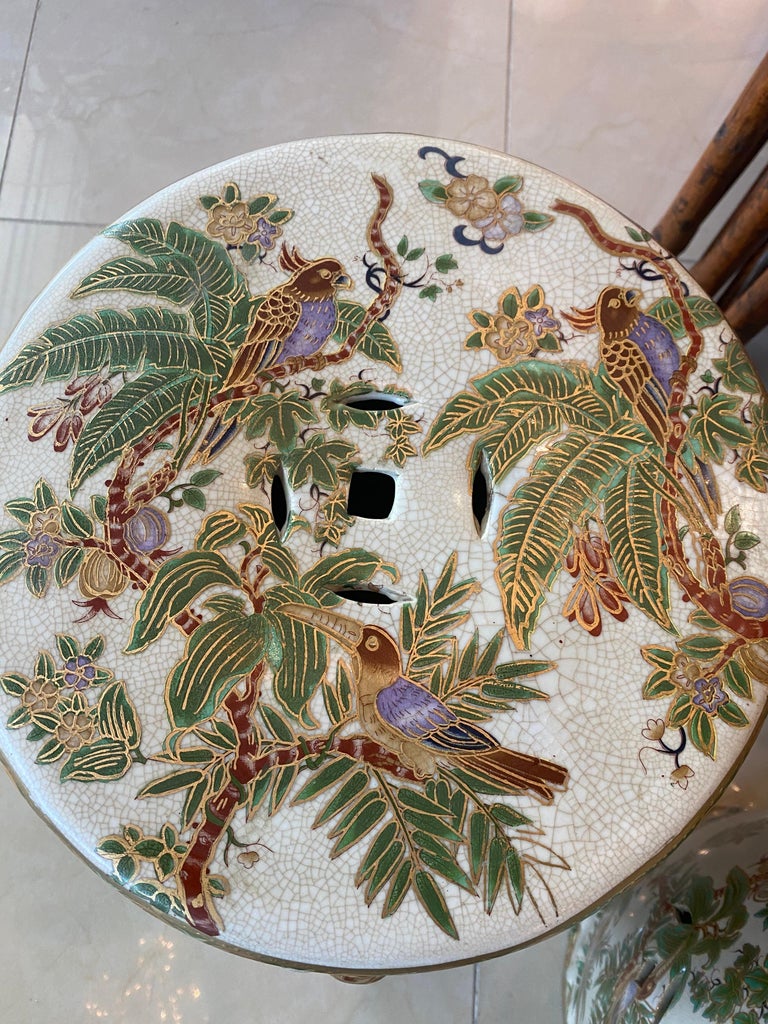 Vintage Pair of Bird Parrot and Palm Trees Tropical Garden Drum Stools ...