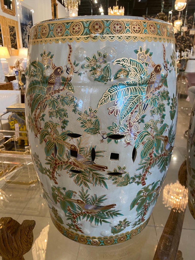 Vintage Pair of Bird Parrot and Palm Trees Tropical Garden Drum Stools ...