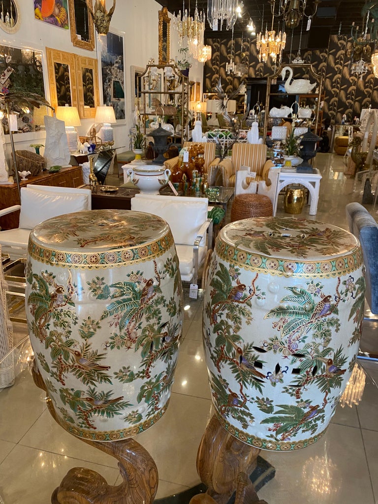 Vintage Pair of Bird Parrot and Palm Trees Tropical Garden Drum Stools ...
