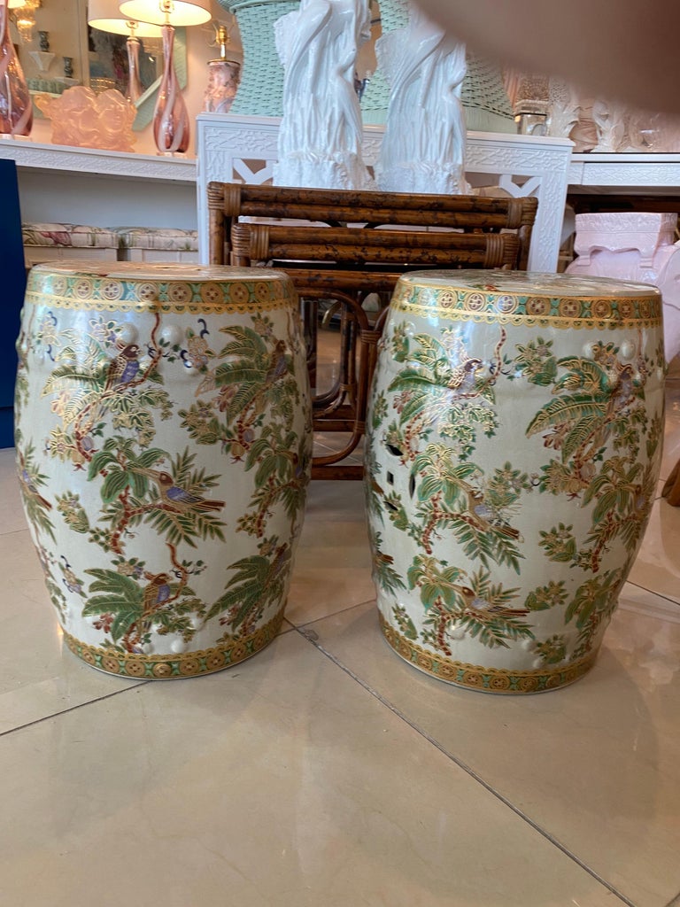 Vintage Pair of Bird Parrot and Palm Trees Tropical Garden Drum Stools ...