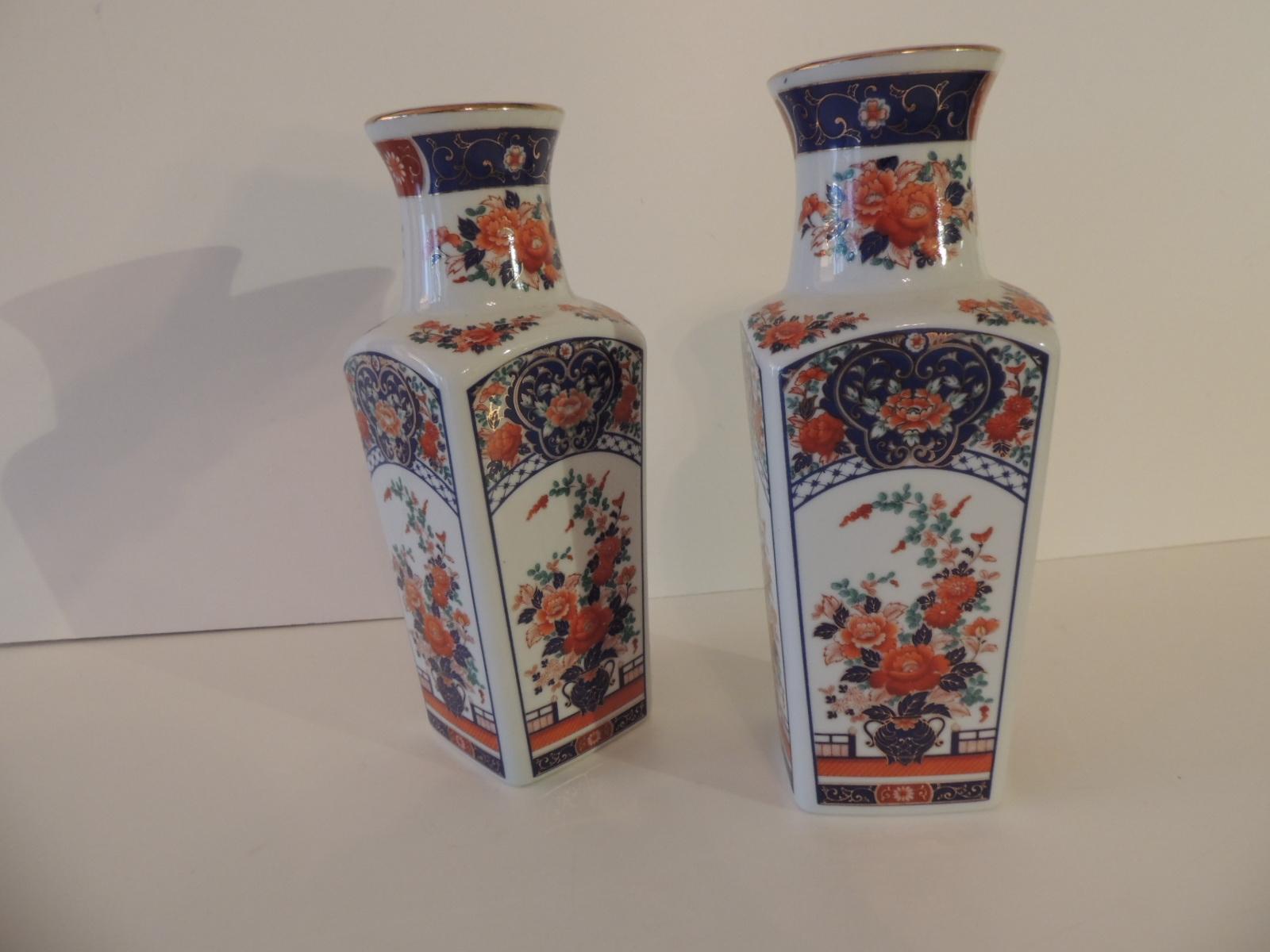 Vintage Pair of Blue and Orange Floral Pattern Imari Porcelain Vases ...