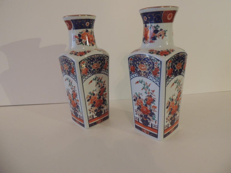 Vintage Pair of Blue and Orange Floral Pattern Imari Porcelain Vases ...