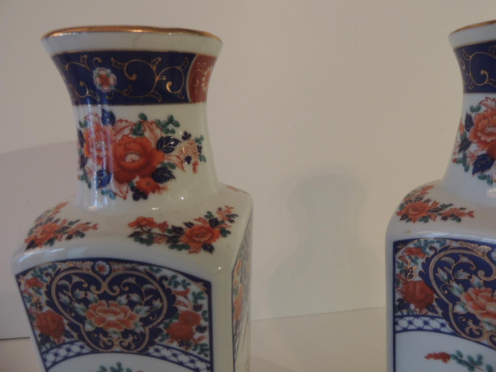 Vintage Pair of Blue and Orange Floral Pattern Imari Porcelain Vases ...