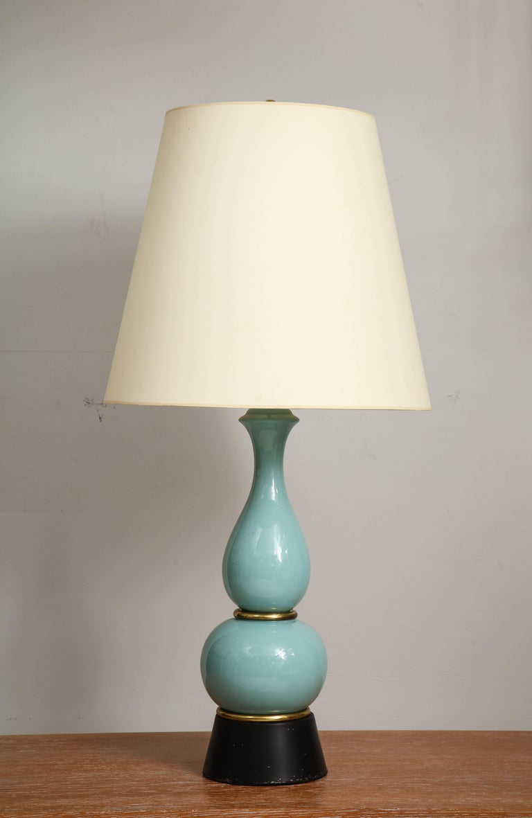 Vintage Pair of Blue Pottery Lamps on Black Plinth Bases For Sale at ...