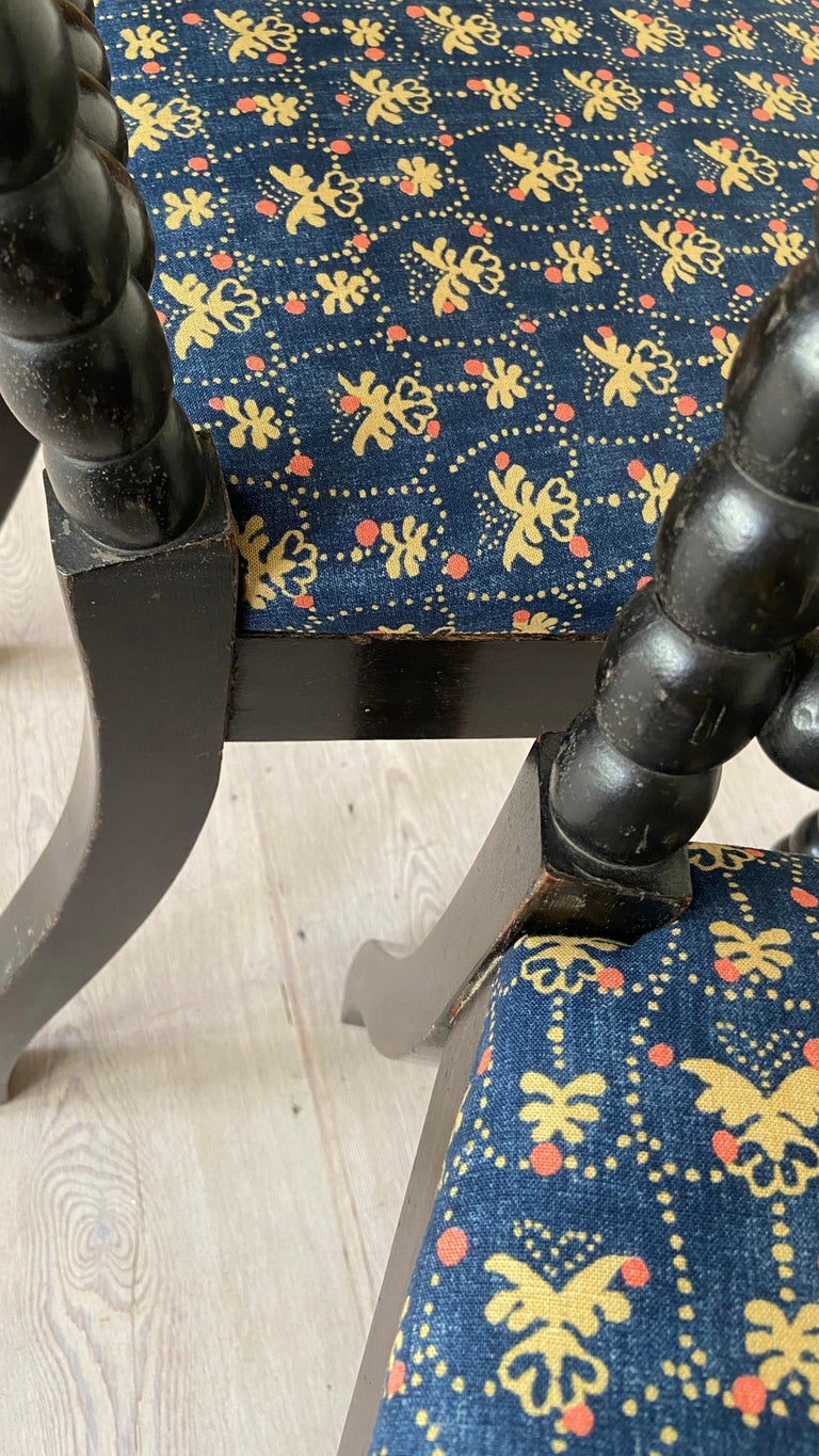 Vintage Pair of Bobbin Chairs with New Blue Upholstery, England 19th ...