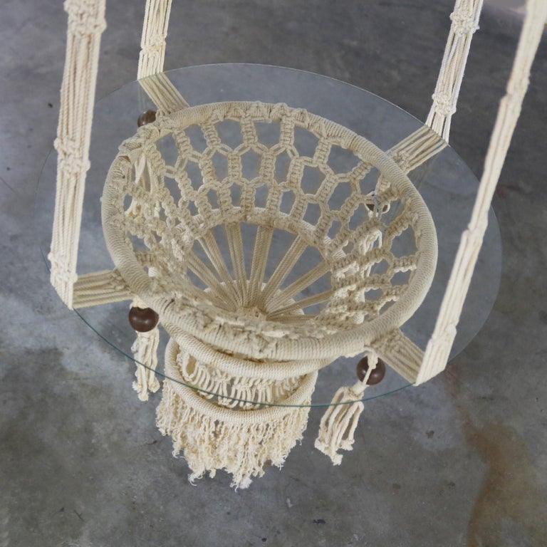 Vintage Pair of Bohemian White Macramé Hanging Tables with Round Glass Tops at 1stDibs