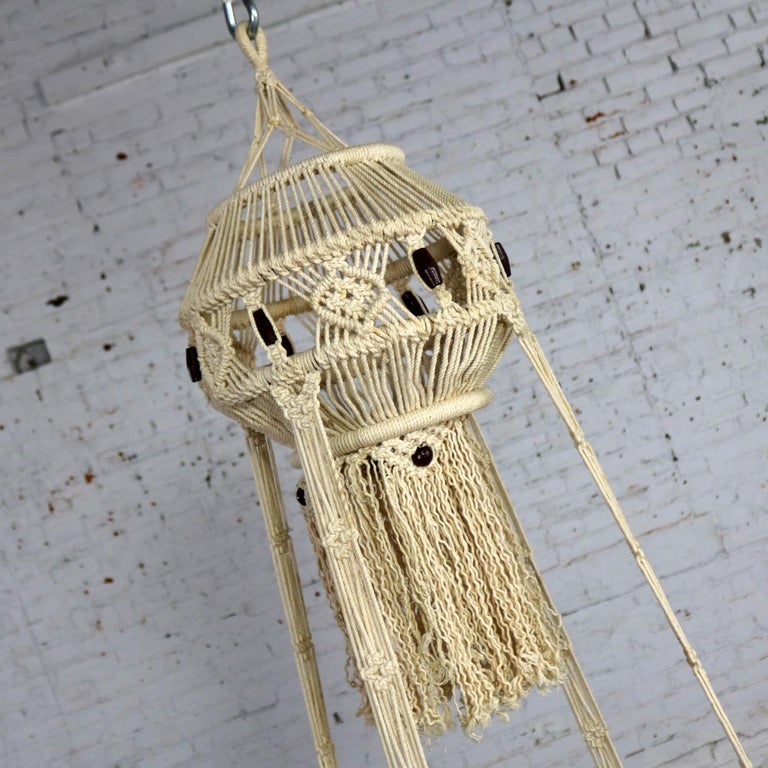 Vintage Pair of Bohemian White Macramé Hanging Tables with Round Glass ...