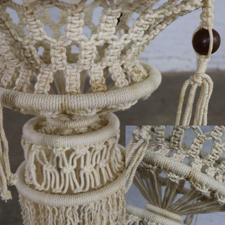 Vintage Pair of Bohemian White Macramé Hanging Tables with Round Glass ...