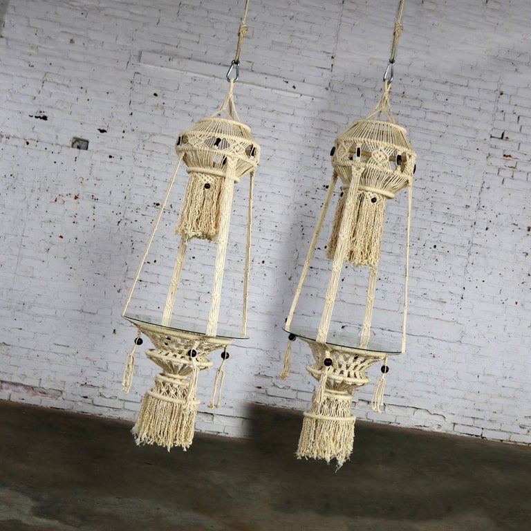Vintage Pair of Bohemian White Macramé Hanging Tables with Round Glass ...