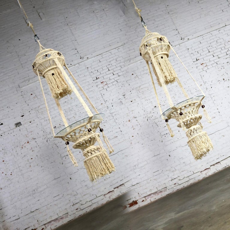 Vintage Pair of Bohemian White Macramé Hanging Tables with Round Glass ...