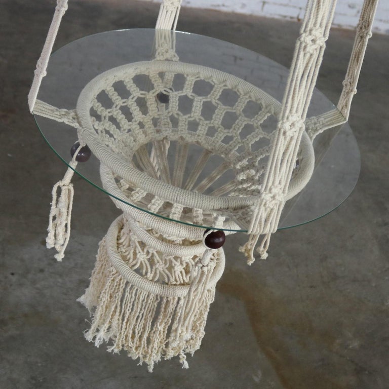 Vintage Pair of Bohemian White Macramé Hanging Tables with Round Glass ...