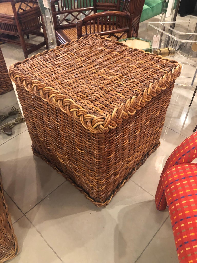 Vintage Pair of Braided Wicker Rattan Side End Tables Benches Square at ...