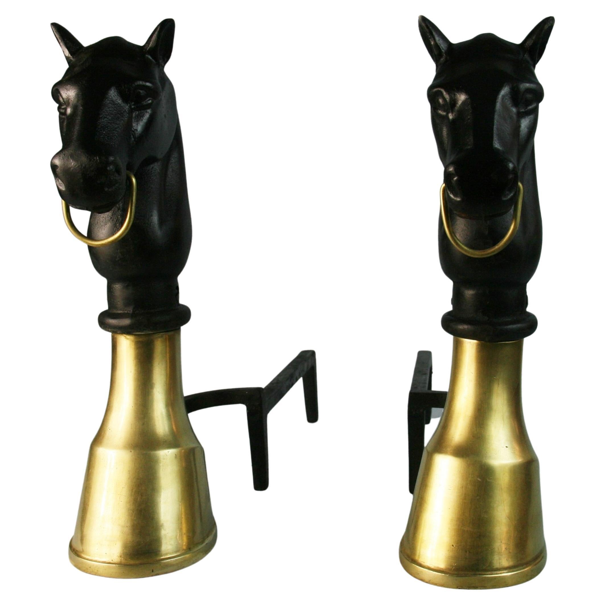Vintage Pair of Brass and Iron Equestrian /Horse Head Andirons For Sale ...