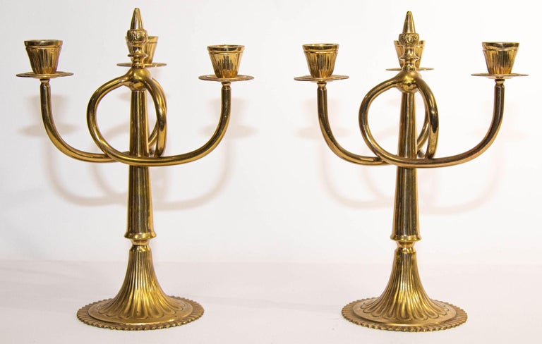 Vintage Pair of Brass Art Nouveau Candelabras with 3 Branches, c.1950 ...