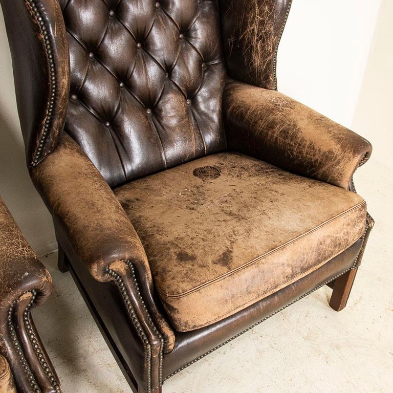 Vintage Pair of Brown Leather Wingback Arm Chairs at 1stDibs
