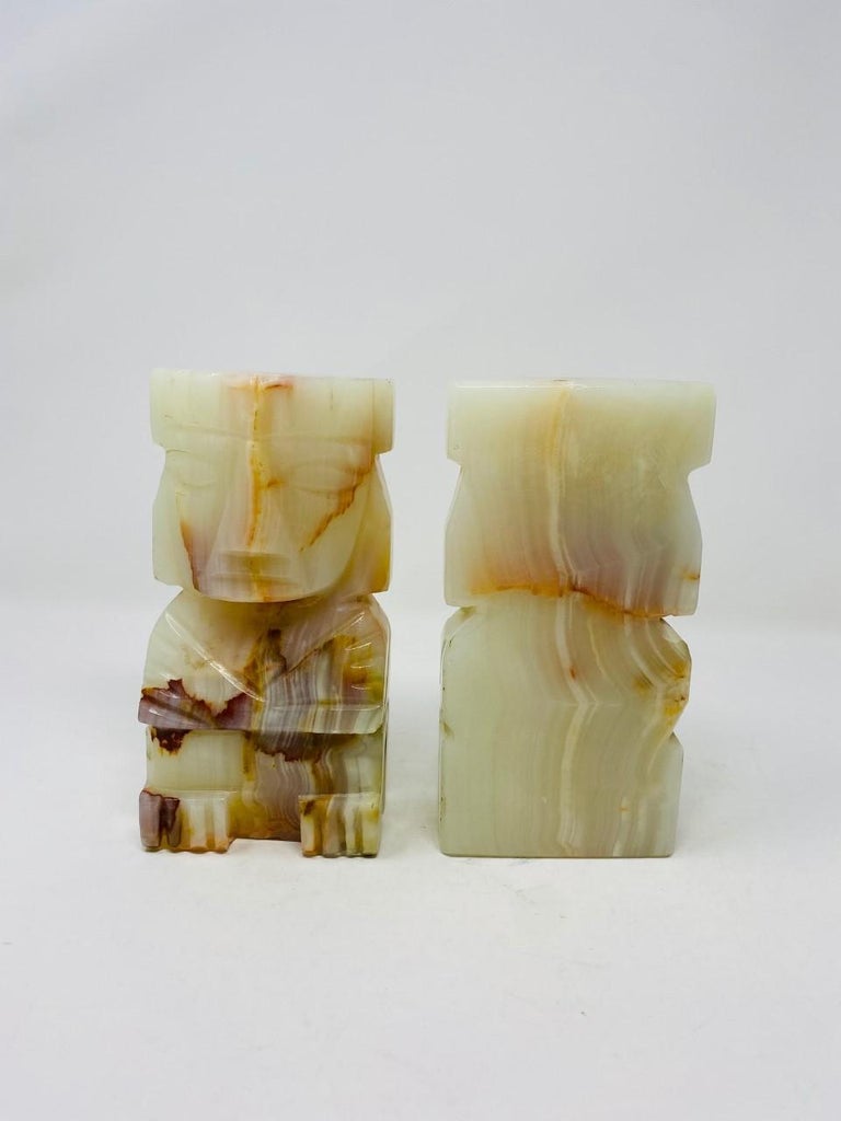 Vintage Pair of Carved Aztec Onyx Stone Bookends For Sale at 1stDibs