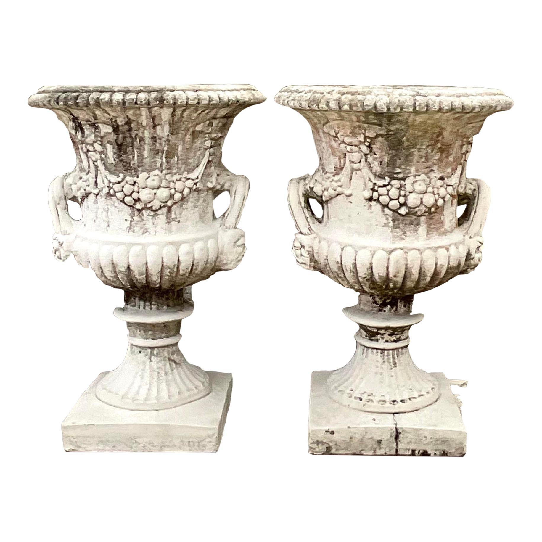 Vintage Pair of Cast Concrete Swag Urns - a Pair For Sale at 1stDibs