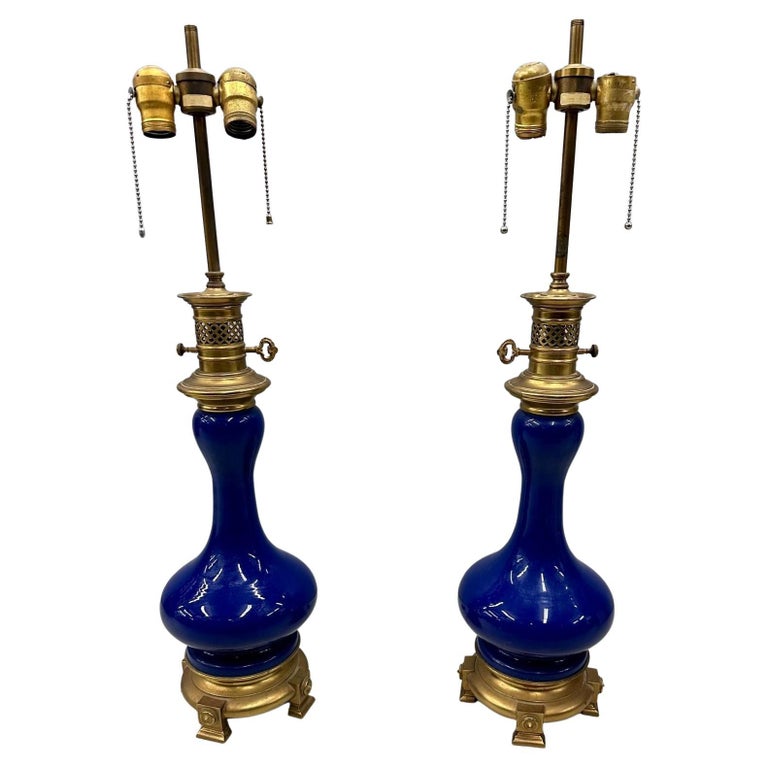 Vintage Pair of Cobalt Blue Warren Kessler Porcelain Table Lamps, Brass ...