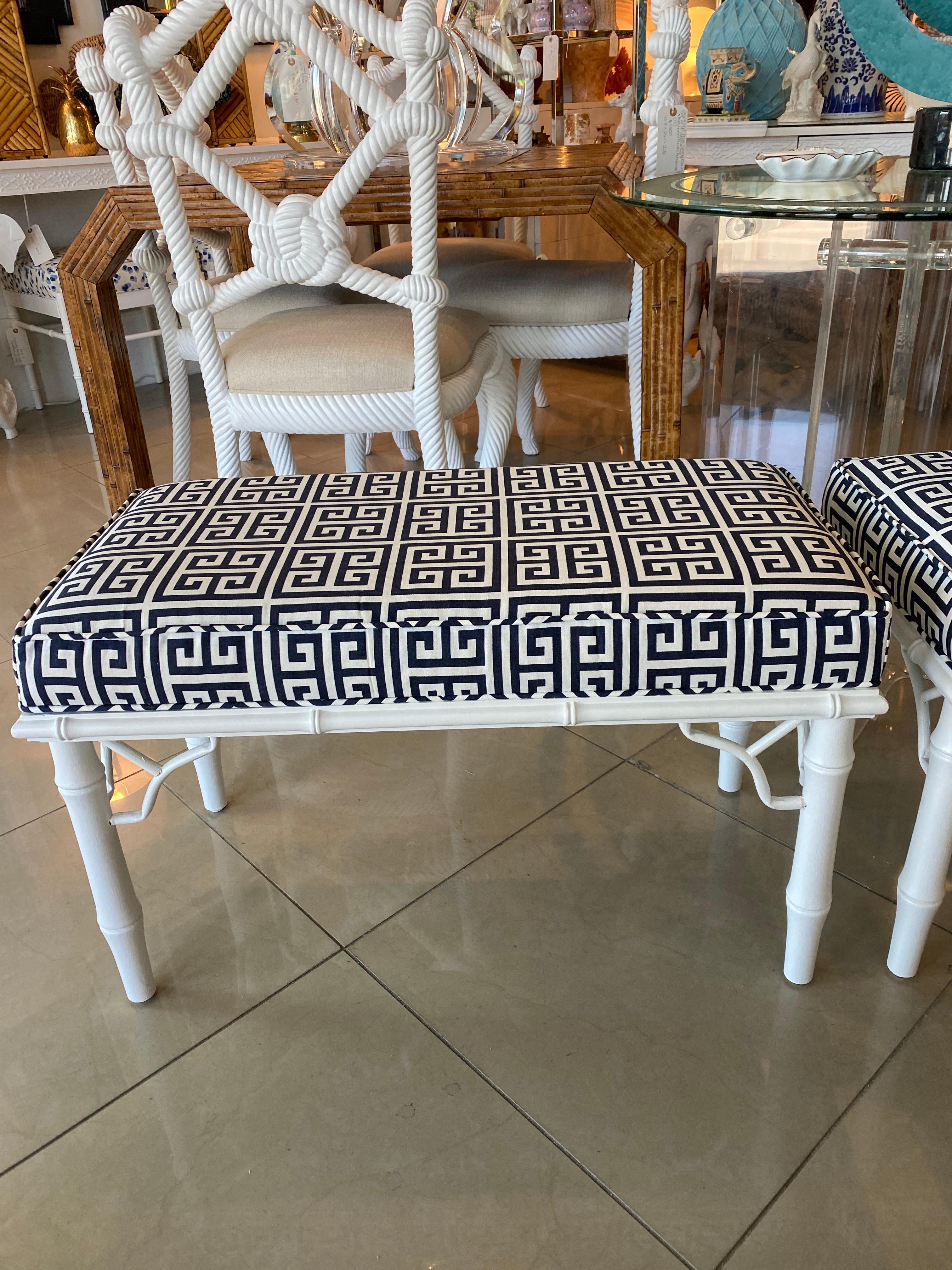Vintage Pair of Faux Bamboo Fret Benches Navy and White Upholstered ...