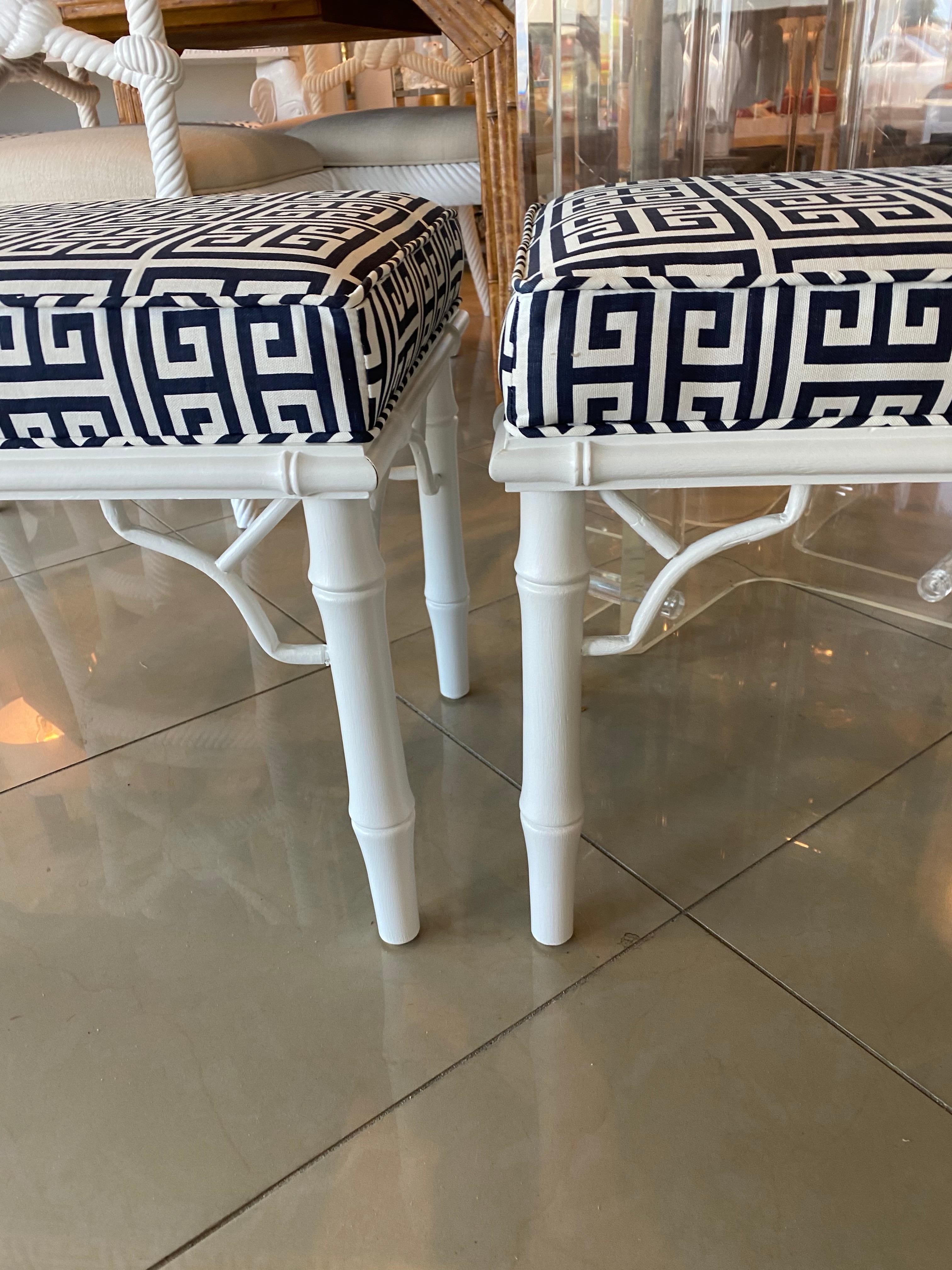 Vintage Pair of Faux Bamboo Fret Benches Navy and White Upholstered ...