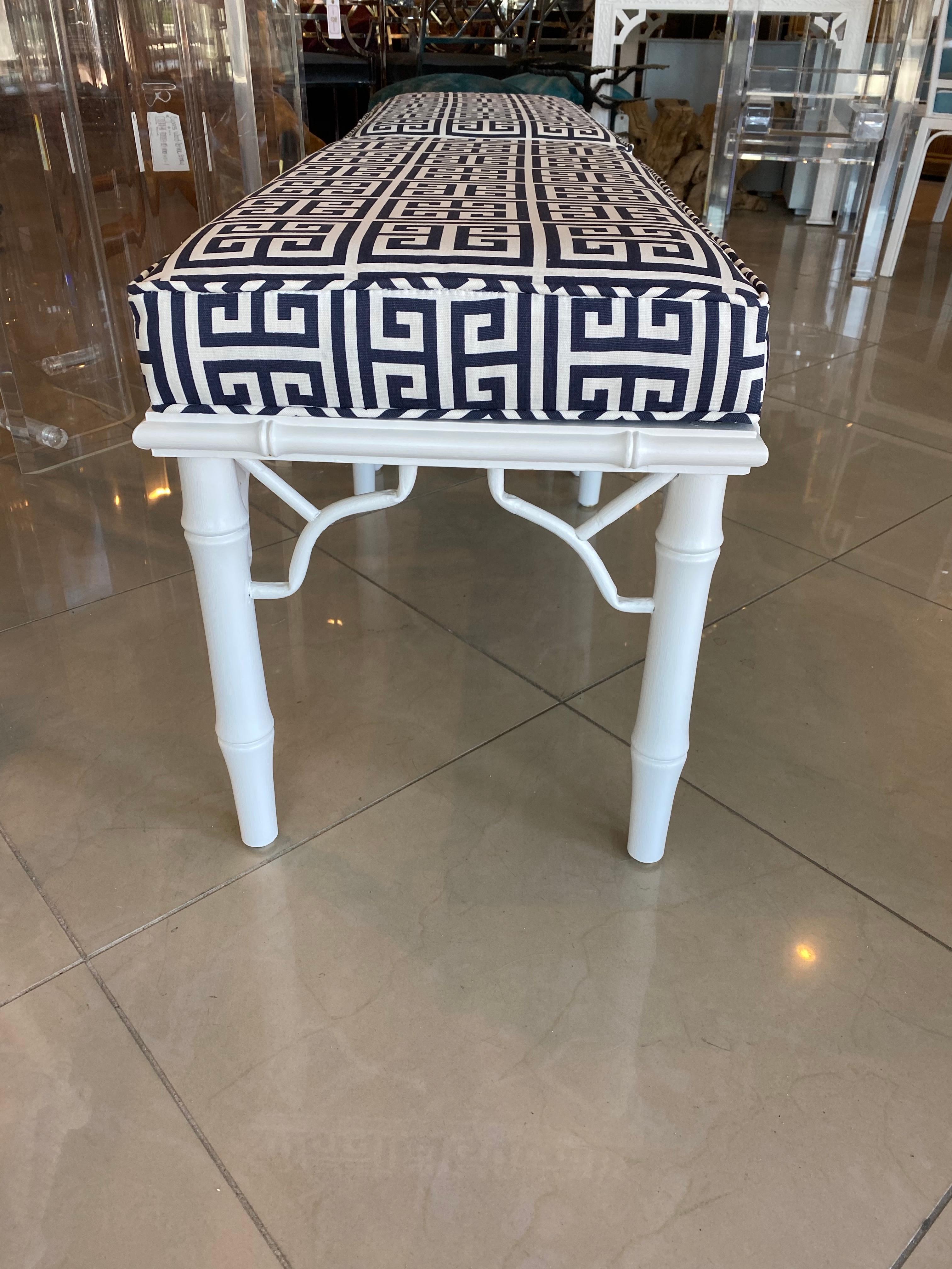 Vintage Pair of Faux Bamboo Fret Benches Navy and White Upholstered ...