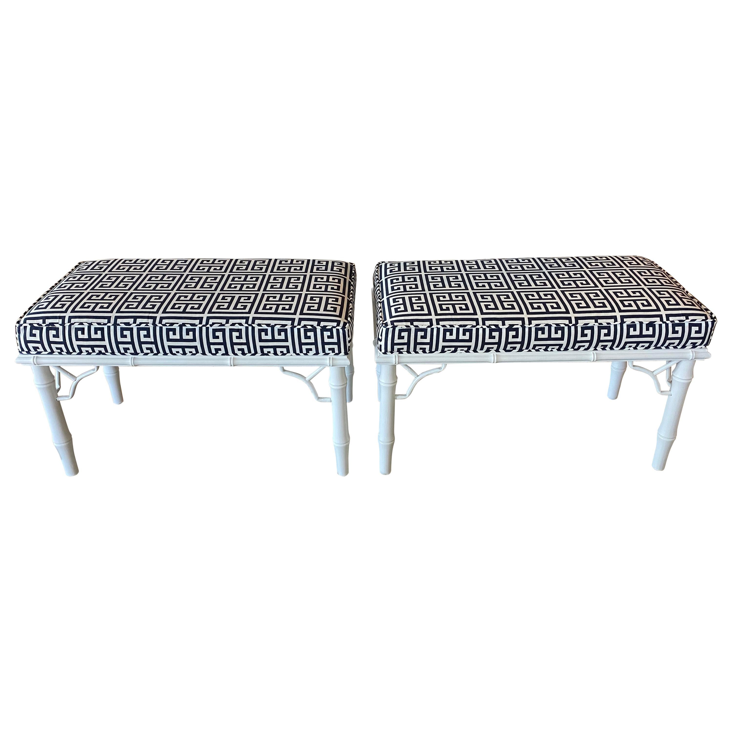 Vintage Pair of Faux Bamboo Fret Benches Navy and White Upholstered ...