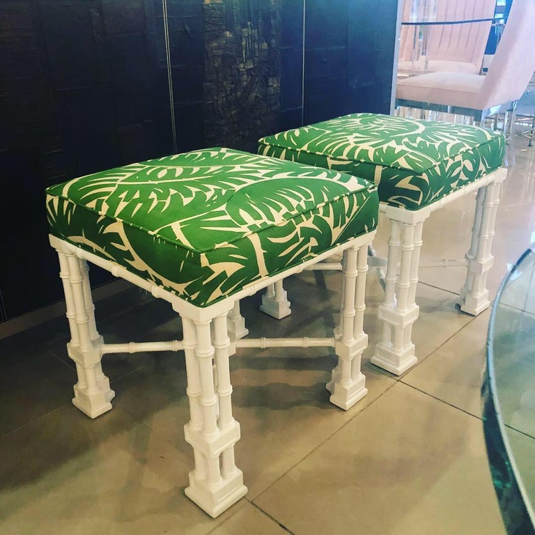 Vintage Pair of Faux Bamboo White Lacquered Palm Tree Upholstered ...