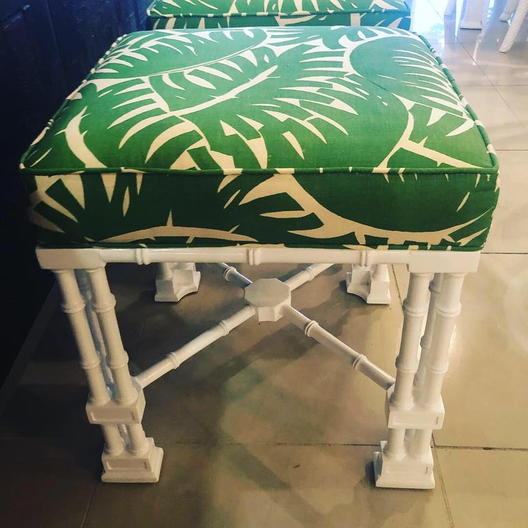 Vintage Pair of Faux Bamboo White Lacquered Palm Tree Upholstered ...