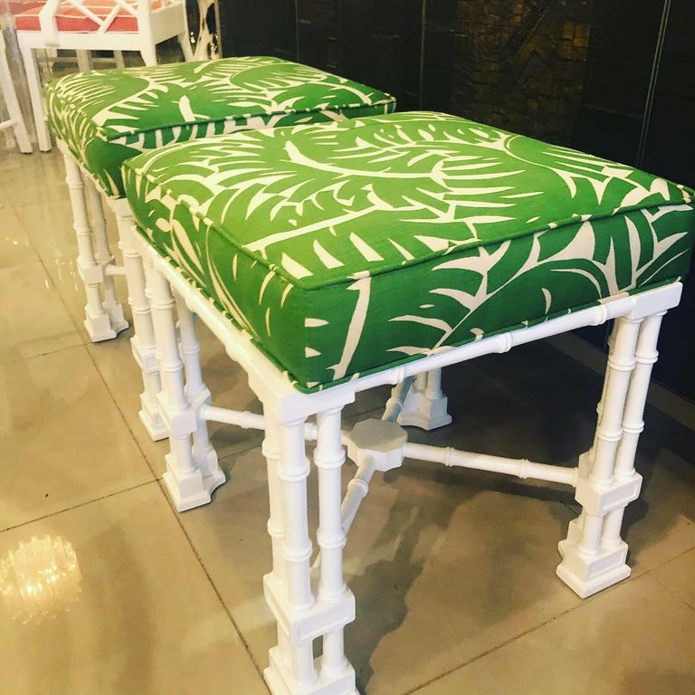 Vintage Pair of Faux Bamboo White Lacquered Palm Tree Upholstered ...