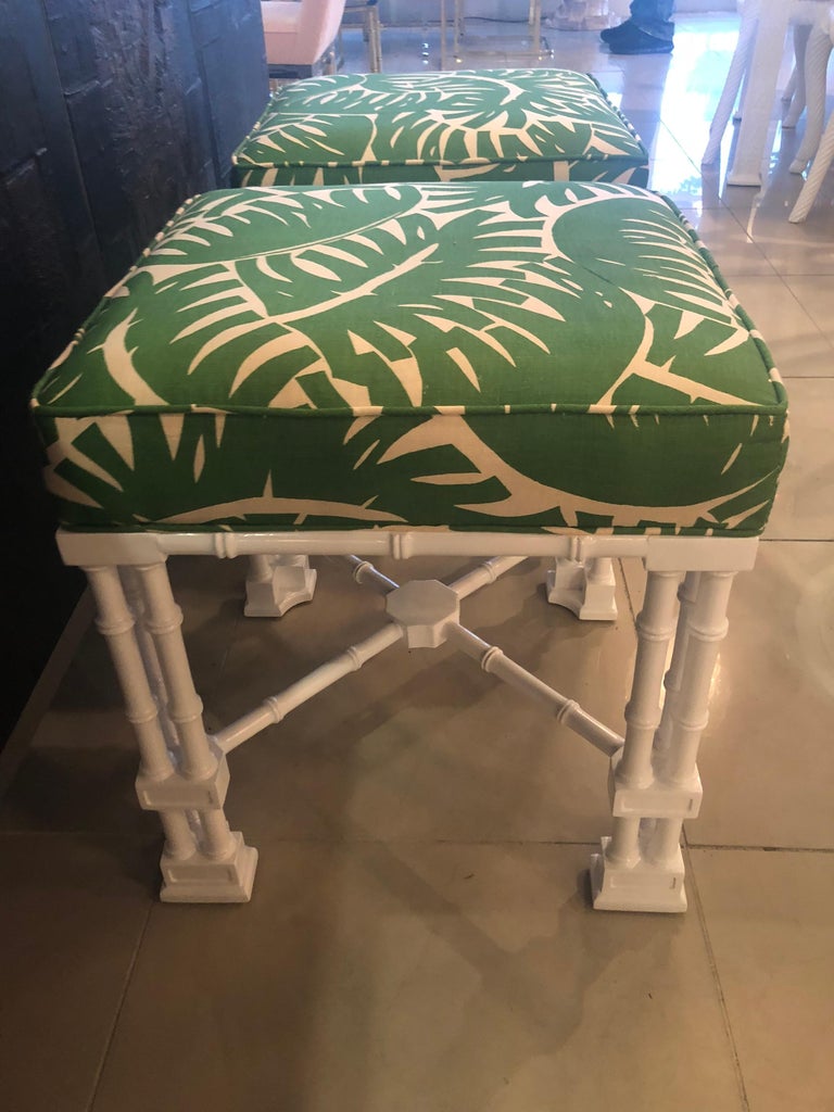 Vintage Pair of Faux Bamboo White Lacquered Palm Tree Upholstered ...