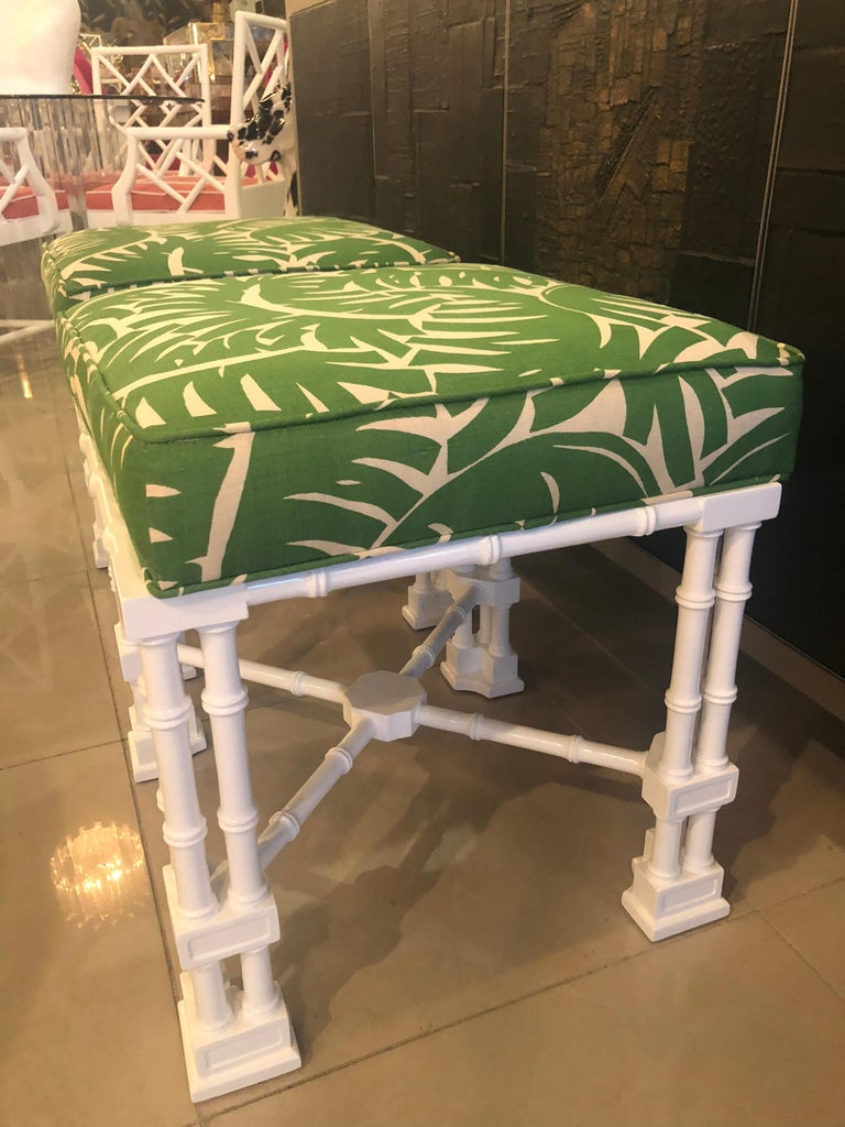 Vintage Pair of Faux Bamboo White Lacquered Palm Tree Upholstered ...