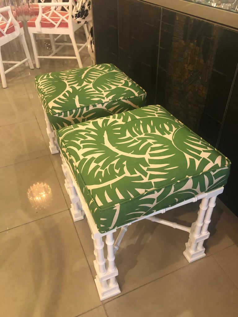 Vintage Pair of Faux Bamboo White Lacquered Palm Tree Upholstered ...