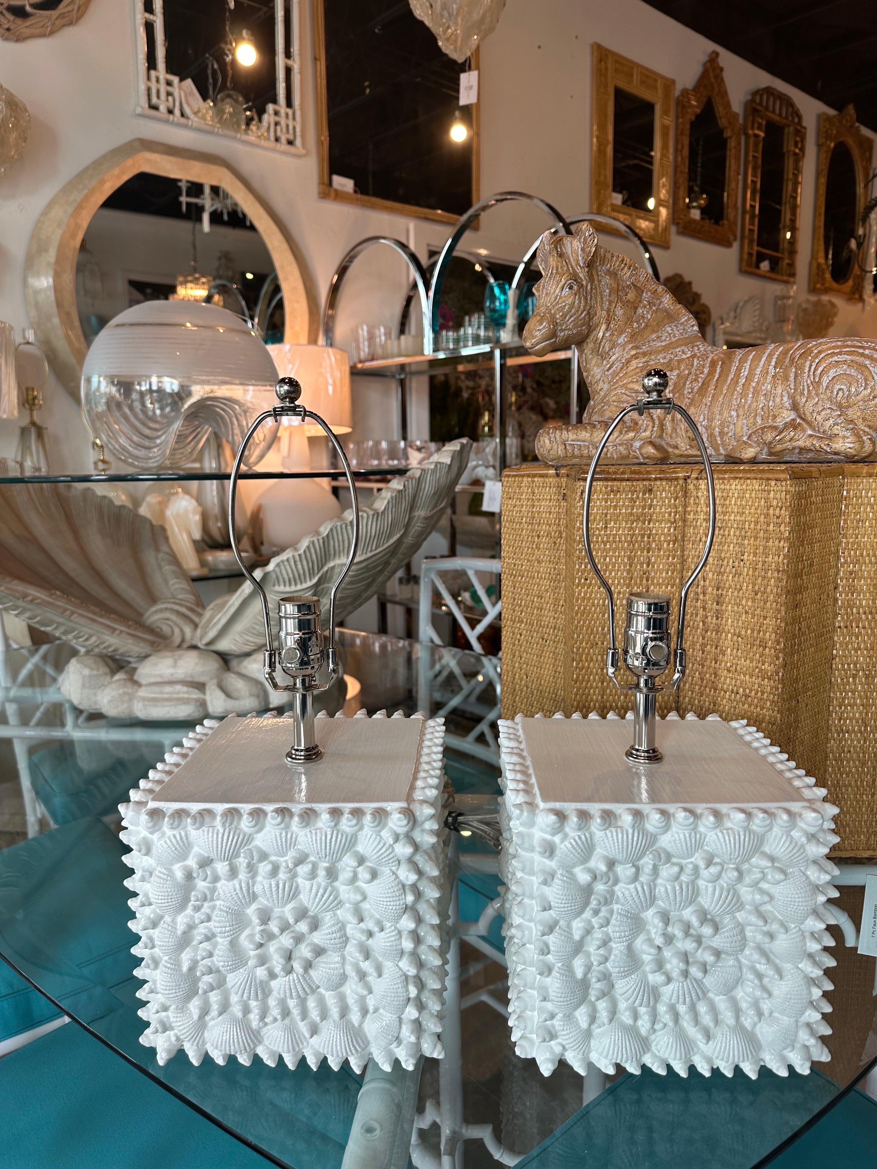 Vintage Pair of Faux White Shell Seashell Table Lamps Newly Lacquered ...