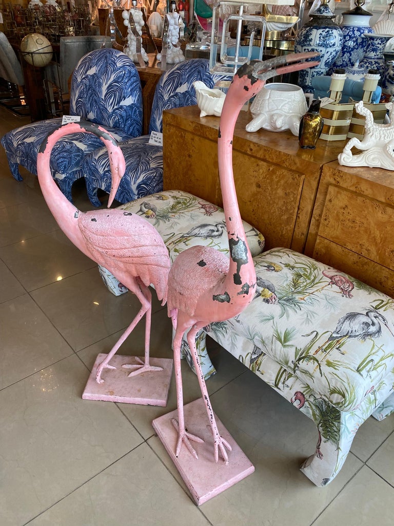 Vintage Pair of French Chippy Pink Paint Metal Large Flamingos Statues ...