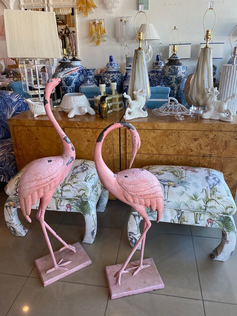 Vintage Pair of French Chippy Pink Paint Metal Large Flamingos Statues ...