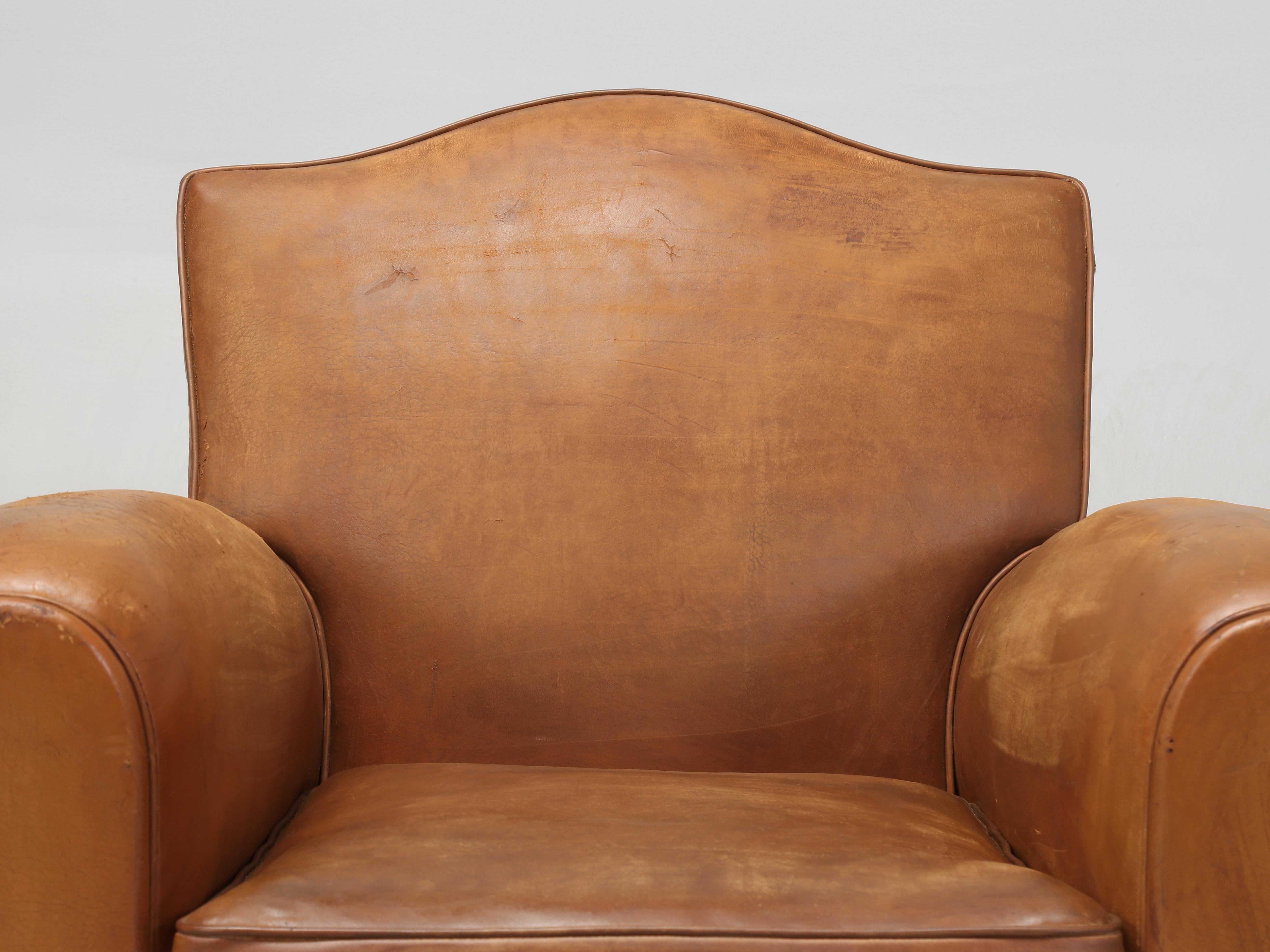 Vintage Pair of French Leather Club Chairs Restored Internally Original Leather For Sale at 1stDibs