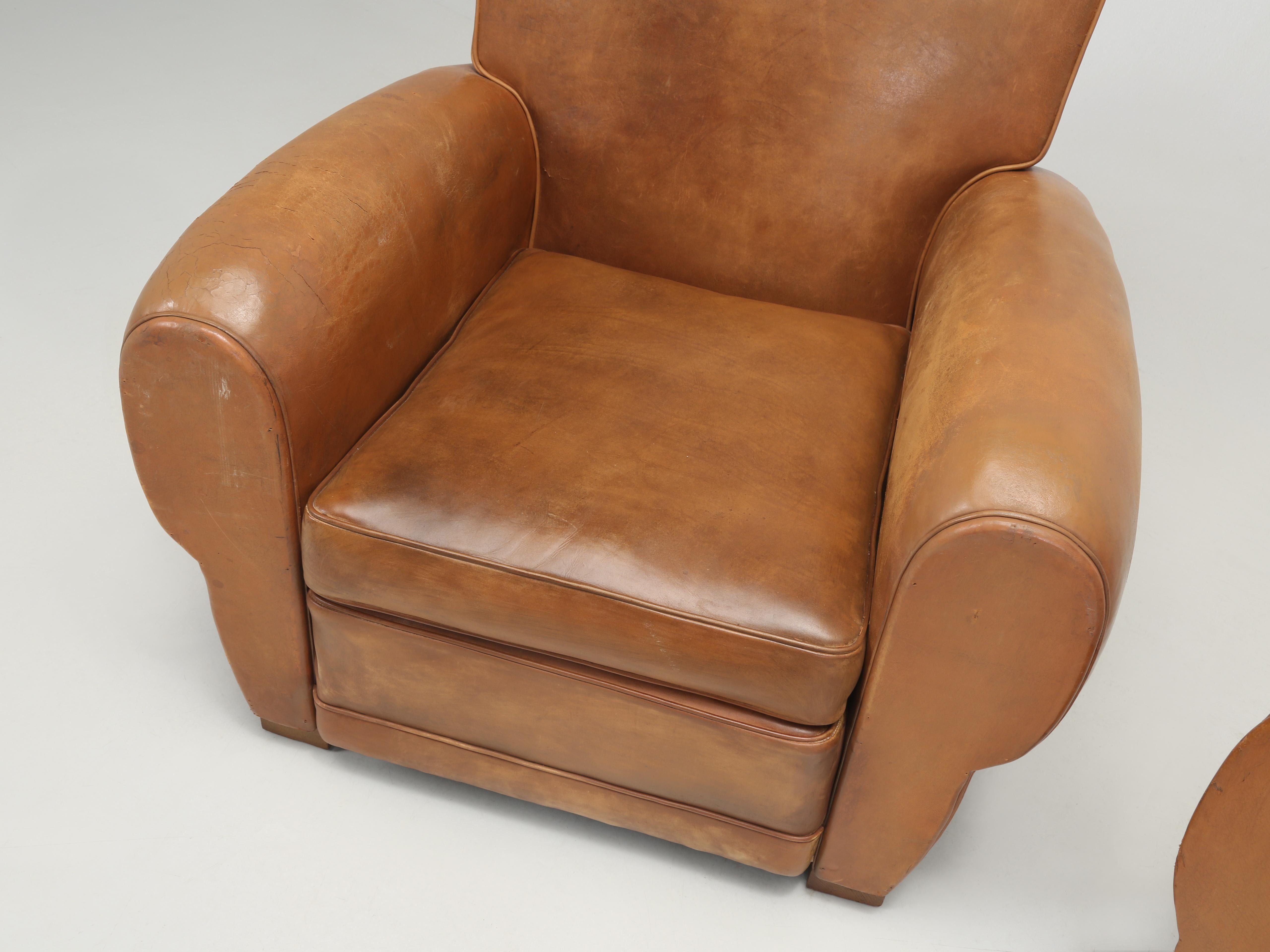Vintage Pair of French Leather Club Chairs Restored Internally Original Leather For Sale at 1stDibs
