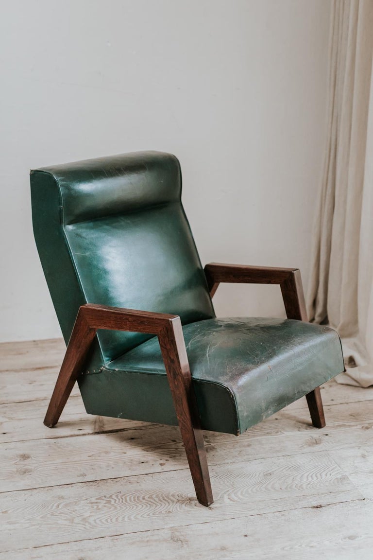 Vintage Pair of Green Leather Lounge Chairs at 1stDibs
