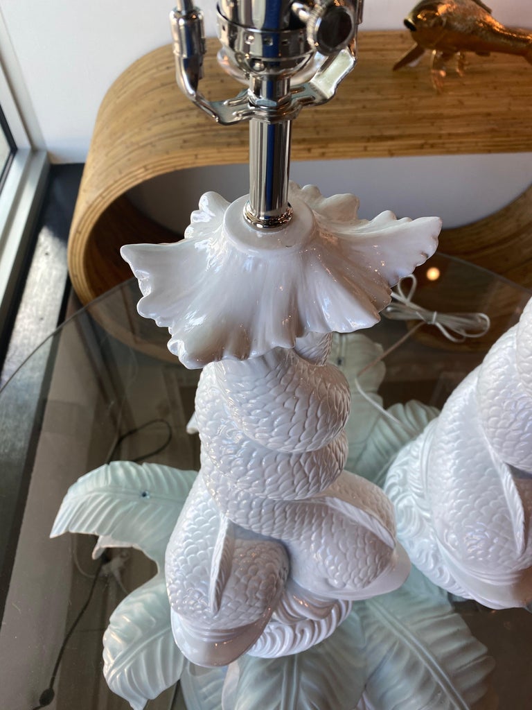 Vintage Pair of Koi Fish Table Lamps White Lacquered Plaster Chrome ...
