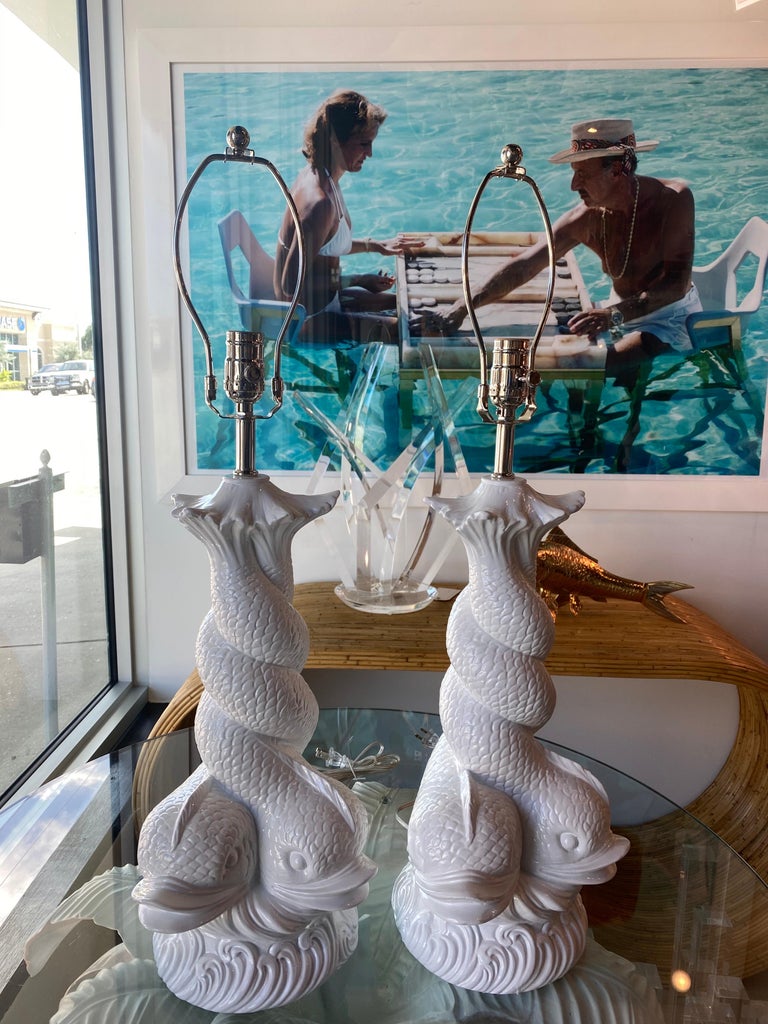 Vintage Pair of Koi Fish Table Lamps White Lacquered Plaster Chrome ...