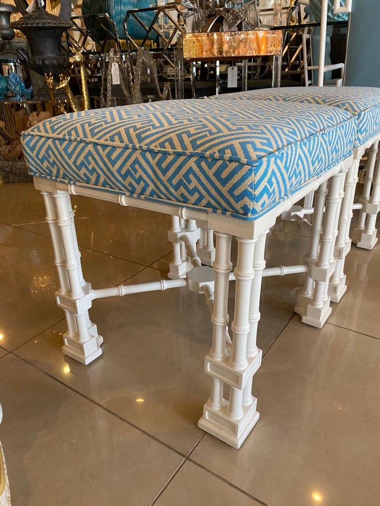 Vintage Pair of Lacquered Faux Bamboo Upholstered Greek Key Benches ...