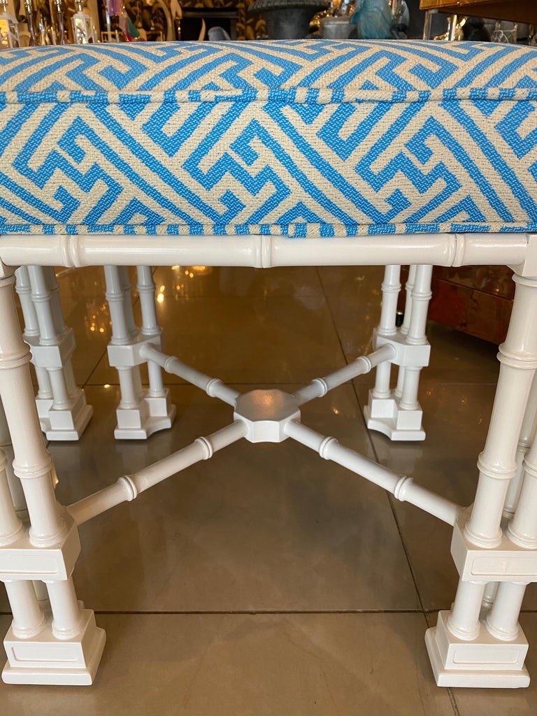 Vintage Pair of Lacquered Faux Bamboo Upholstered Greek Key Benches ...