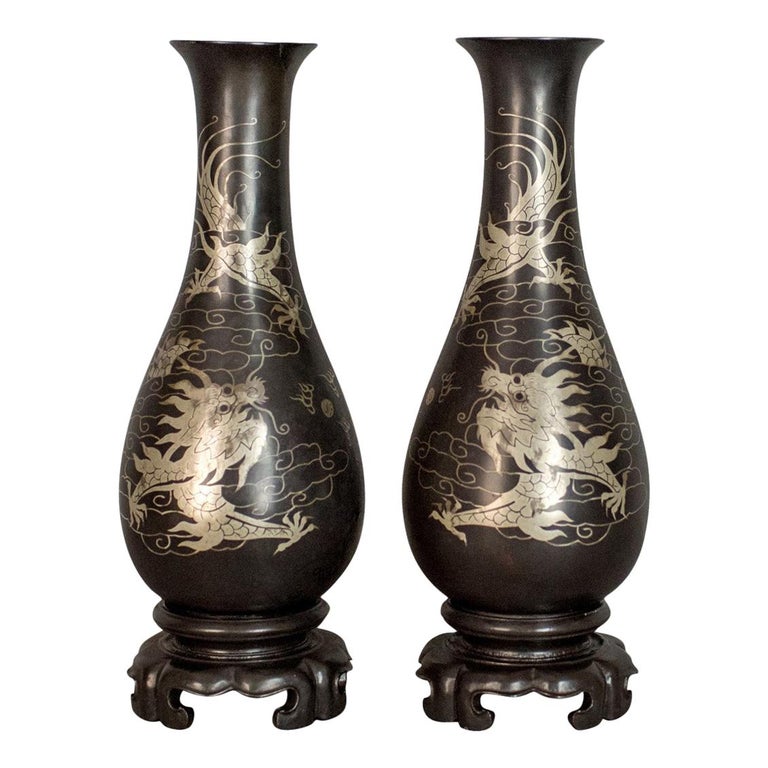 Vintage Pair of Lacquerware Vases, Chinese, 'Bodiless', Stem, Silver on ...