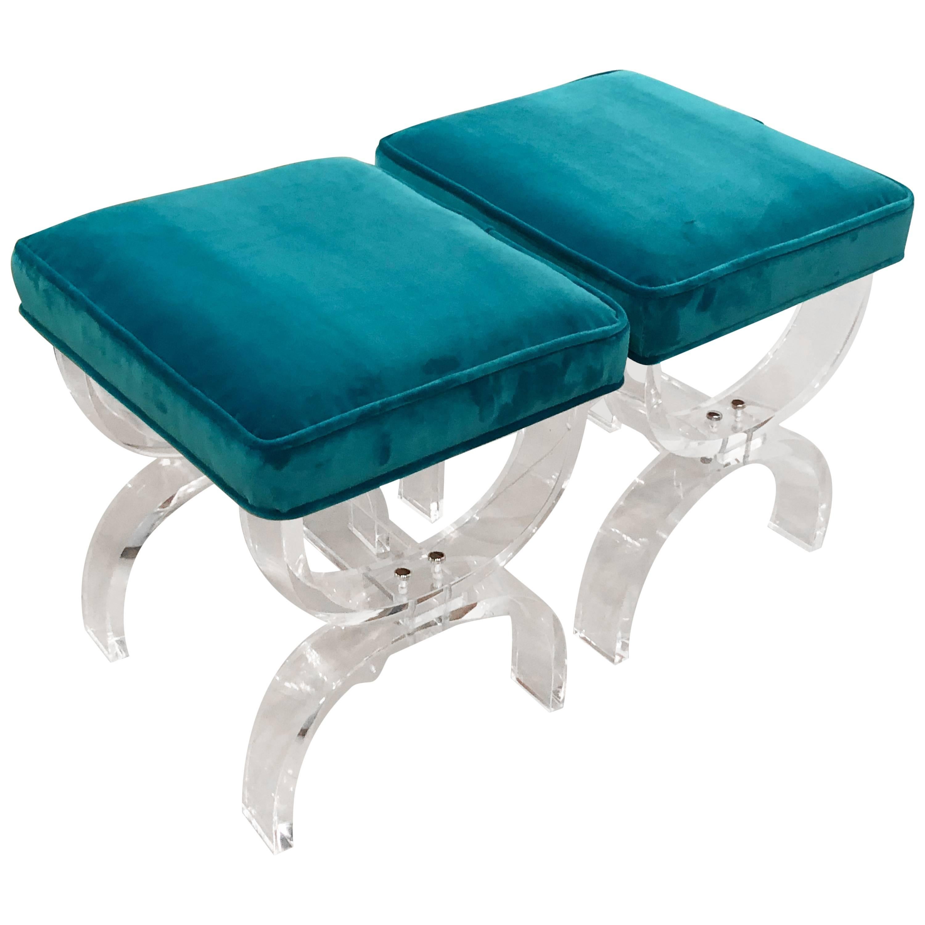 Vintage Pair of Lucite X-Benches Stools Blue Velvet Upholstery at 1stDibs
