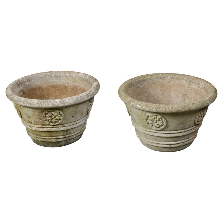 Vintage Pair of Mid-Century Cast Stone Planters with Rosette Motifs For ...